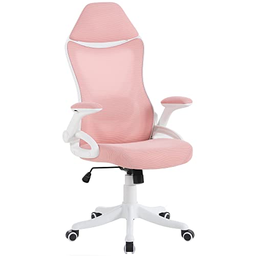 CEMKAR Ergonomic Office Chair, Home Office Desk Chairs with Thickened Cushion Waist Support and Adjustable Headrest Flip Arm, Metal Base Adjustable Mesh Swivel Designer High Back Office Chair (Pink)