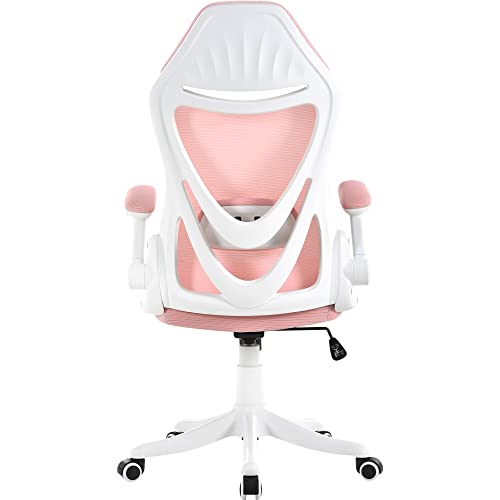 CEMKAR Ergonomic Office Chair, Home Office Desk Chairs with Thickened Cushion Waist Support and Adjustable Headrest Flip Arm, Metal Base Adjustable Mesh Swivel Designer High Back Office Chair (Pink)