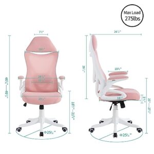 CEMKAR Ergonomic Office Chair, Home Office Desk Chairs with Thickened Cushion Waist Support and Adjustable Headrest Flip Arm, Metal Base Adjustable Mesh Swivel Designer High Back Office Chair (Pink)