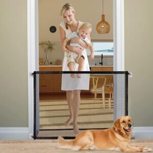 portable mesh baby gate,black mesh magic pet dog gate for stairs/doorways/hallways easy-install child's safety gates folding for indoor and outdoor safety gate install anywhere for dogs 43.3"x30.9"