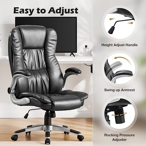 Big and Tall Office Chair - Executive Home Office Desk Chair with Flip Up Arms Ergonomic Lumbar Back Support, Heavy Duty, High Back, PU Leather, Black