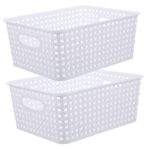 joinpaya 2pcs mini hamper mini woven hamper plastic storage bin simple to weave basket for office plastic barrel the basket dressing table plastic bins for storage file basket tray white