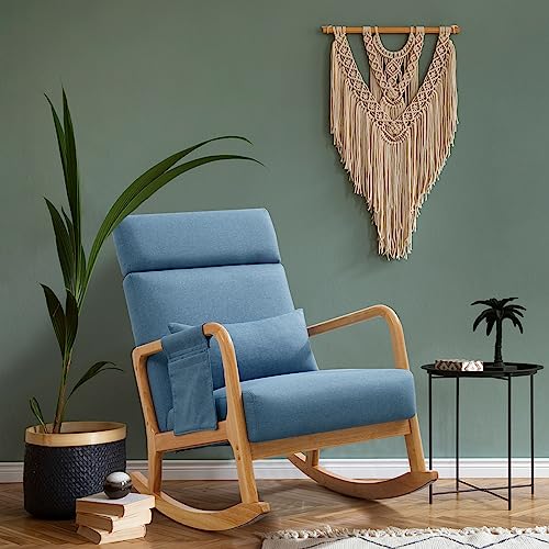 ABAKAN Rocking Chair Nursery Fabric Glider Rocker Living Room Chairs, Office Reading Armchairs with Solid Wood Frame, Side Pocket/Easy to Install(Blue)