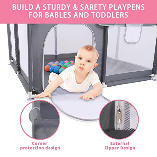 Baby Playpen for Toddler, Large Baby Playard, Babys Fence Play Area, Indoor & Outdoor Playard for Babies Kids Activity Center with Gate, Sturdy Safety Play Yard with Soft Breathable Mesh(Gray,50”×50”)