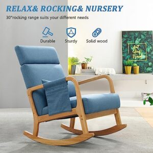 ABAKAN Rocking Chair Nursery Fabric Glider Rocker Living Room Chairs, Office Reading Armchairs with Solid Wood Frame, Side Pocket/Easy to Install(Blue)