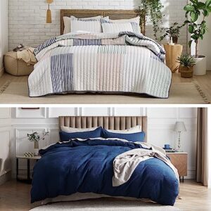 bedsure queen size patchwork quilt set & navy cotton duvet cover, reversible summer lightweight bedspread coverlet set and 100% cotton waffle weave navy blue duvet coverwith 2 pillow shams