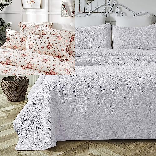 Brandream 5-Piece White Quilts 100% Cotton Queen Size Quilt Bedding Set Rose Matelasse Bedspread Set Breathable Lightweight