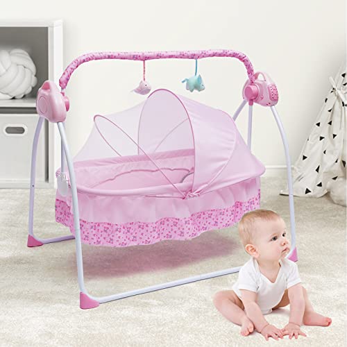 Guaopom Electric Baby Crib Cradle, 0-25Kg Big Space Auto Rocking Chair Chair Bed, 5 Speed with Remote Control Infant Musical Sleeping Basket Baby Cradle for 0-18 Months Newborn Babies (Pink)