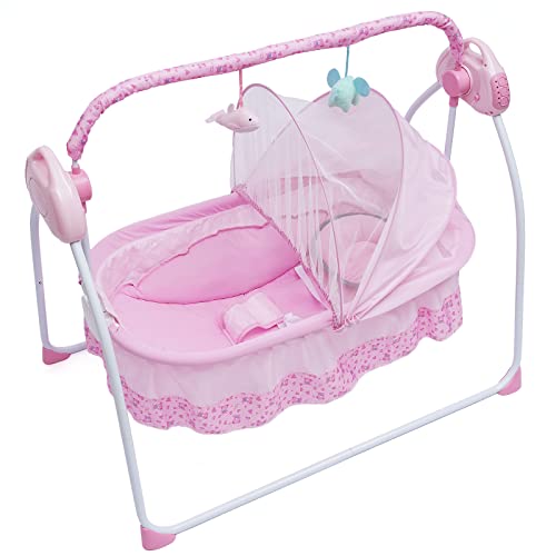 Guaopom Electric Baby Crib Cradle, 0-25Kg Big Space Auto Rocking Chair Chair Bed, 5 Speed with Remote Control Infant Musical Sleeping Basket Baby Cradle for 0-18 Months Newborn Babies (Pink)