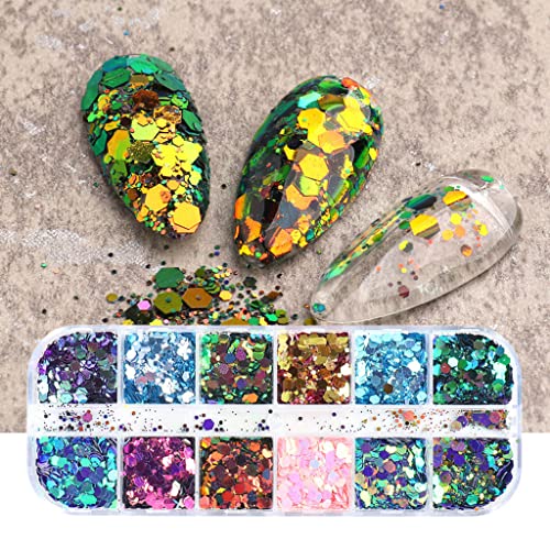 12 Colors Glitter-Chameleon Nail Flakes Holographic Laser Colorful Nail Sequin Different Shape for DIY Craft Soap Making