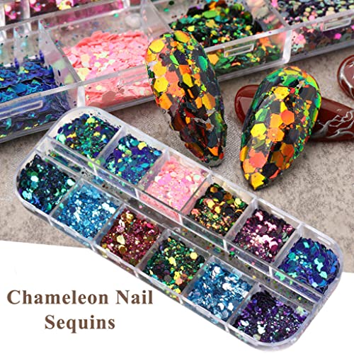 12 Colors Glitter-Chameleon Nail Flakes Holographic Laser Colorful Nail Sequin Different Shape for DIY Craft Soap Making