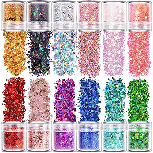 Sparkly Fine Glitter for Crafting, 12 Colors of Nail Glitter Face Glitter Powder for Arts Crafts, Rainbow Body Glitter & Tattoo Glitter for Scrapbooking Cards Eye Hair Makeup, Craft Glitter