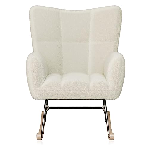 BELLEZE Rocking Chair, Nursery Chair Upholstered Glider Chair with Cushioned Back and Armrests, Wide Seat Rocker Chair for Bedroom, Nursery Room, Living Room, Office, Guest Room (Lucy - White)