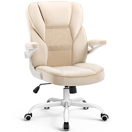 SEATZONE Ergonomic Home Office Desk Chair with Flip-up armrests, 360 Swivel Chair, Comfortable Beige Velvet Fabric Executive Computer Chair with Wheels for Adults and Teens