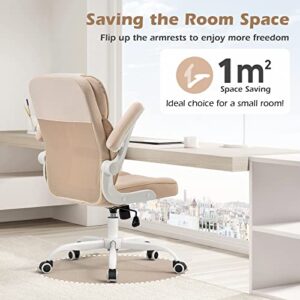 SEATZONE Ergonomic Home Office Desk Chair with Flip-up armrests, 360 Swivel Chair, Comfortable Beige Velvet Fabric Executive Computer Chair with Wheels for Adults and Teens