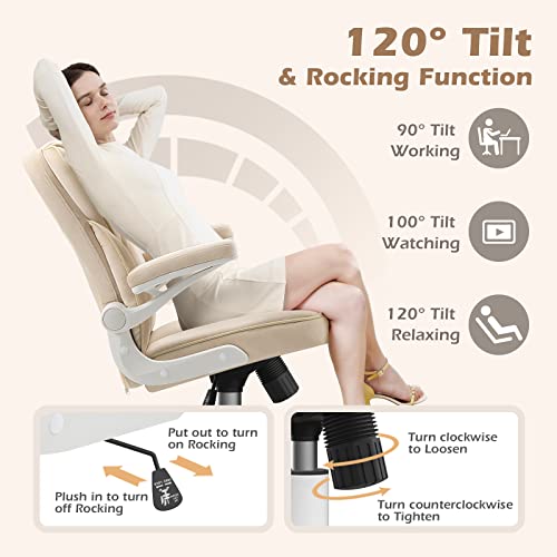 SEATZONE Ergonomic Home Office Desk Chair with Flip-up armrests, 360 Swivel Chair, Comfortable Beige Velvet Fabric Executive Computer Chair with Wheels for Adults and Teens