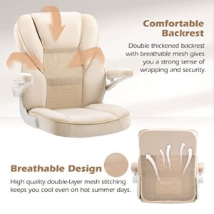 SEATZONE Ergonomic Home Office Desk Chair with Flip-up armrests, 360 Swivel Chair, Comfortable Beige Velvet Fabric Executive Computer Chair with Wheels for Adults and Teens