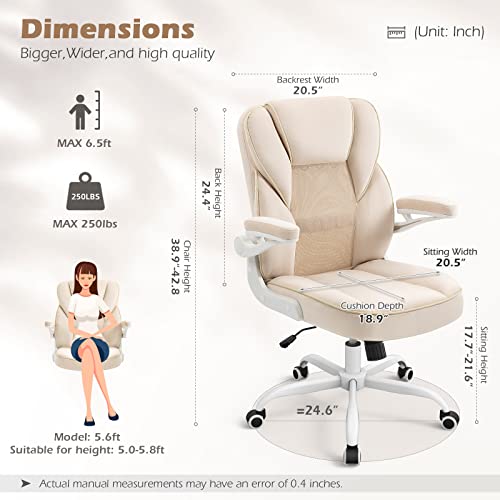 SEATZONE Ergonomic Home Office Desk Chair with Flip-up armrests, 360 Swivel Chair, Comfortable Beige Velvet Fabric Executive Computer Chair with Wheels for Adults and Teens