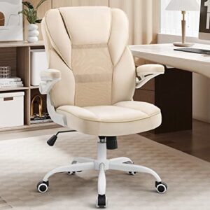 SEATZONE Ergonomic Home Office Desk Chair with Flip-up armrests, 360 Swivel Chair, Comfortable Beige Velvet Fabric Executive Computer Chair with Wheels for Adults and Teens