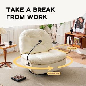 Electric Power Recliner Chair 360° Swivel Upholstered High-Density Sponge Sofa Glider Comfy Rocking Chair with USB Ports, Phone Holder, Leather Home Theater Seating with Hidden Arm Storage (White)