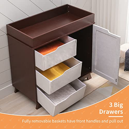 Changing Table for Baby with 3 Drawers, Modern Baby Changing Tables with Open Door Storage Cabinets, Infant Diaper Changing Table Dresser, Mix Color Furniture Style Baby Changing Station