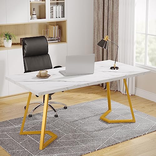 Tribesigns Computer Desk Home Office: White and Gold 55 Inches Office Table with Metal Legs, Modern Faux Marble Study Desk for Writing, Simple Desk for Home Office