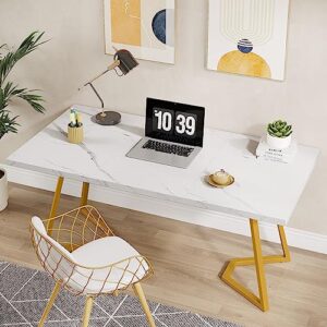 Tribesigns Computer Desk Home Office: White and Gold 55 Inches Office Table with Metal Legs, Modern Faux Marble Study Desk for Writing, Simple Desk for Home Office