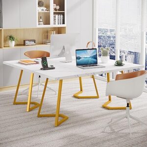 Tribesigns Computer Desk Home Office: White and Gold 55 Inches Office Table with Metal Legs, Modern Faux Marble Study Desk for Writing, Simple Desk for Home Office