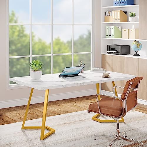 Tribesigns Computer Desk Home Office: White and Gold 55 Inches Office Table with Metal Legs, Modern Faux Marble Study Desk for Writing, Simple Desk for Home Office