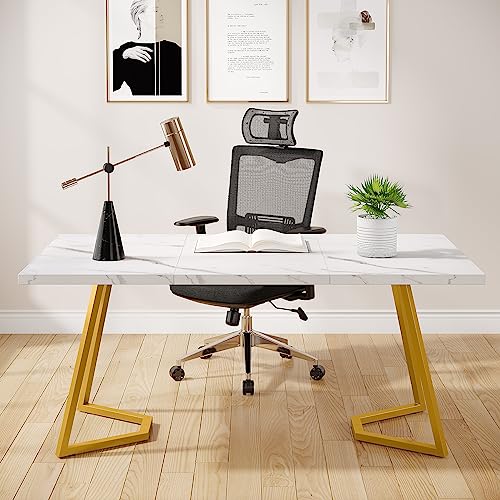 Tribesigns Computer Desk Home Office: White and Gold 55 Inches Office Table with Metal Legs, Modern Faux Marble Study Desk for Writing, Simple Desk for Home Office