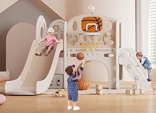 Toddler Slide, 8 in 1 Toddler Indoor Outdoor Playset with Slide, Climber, Basketball Hoop and Ball, Tunnel Crawl, Telescope and Storage Space, Kids Playground Sets for Backyards & Indoor (Coffee)