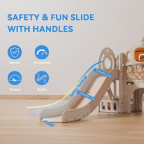 Toddler Slide, 8 in 1 Toddler Indoor Outdoor Playset with Slide, Climber, Basketball Hoop and Ball, Tunnel Crawl, Telescope and Storage Space, Kids Playground Sets for Backyards & Indoor (Coffee)