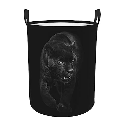 Animal Panther Printed Round Laundry Hamper,Collapsible Clothes Hamper Storage With Handle,Canvas Fabric Waterproof Storage Bin