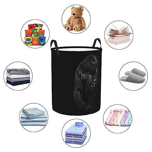 Animal Panther Printed Round Laundry Hamper,Collapsible Clothes Hamper Storage With Handle,Canvas Fabric Waterproof Storage Bin