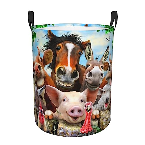 Farm Animals Printed Round Laundry Hamper,Collapsible Clothes Hamper Storage With Handle,Canvas Fabric Waterproof Storage Bin