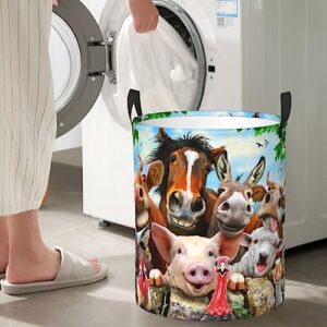 Farm Animals Printed Round Laundry Hamper,Collapsible Clothes Hamper Storage With Handle,Canvas Fabric Waterproof Storage Bin