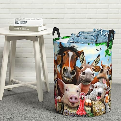 Farm Animals Printed Round Laundry Hamper,Collapsible Clothes Hamper Storage With Handle,Canvas Fabric Waterproof Storage Bin