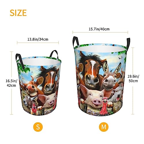 Farm Animals Printed Round Laundry Hamper,Collapsible Clothes Hamper Storage With Handle,Canvas Fabric Waterproof Storage Bin