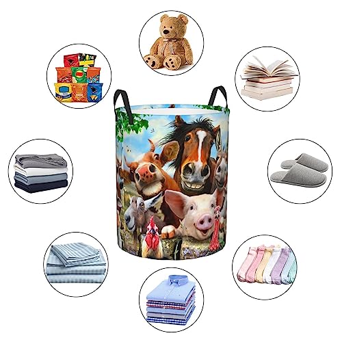 Farm Animals Printed Round Laundry Hamper,Collapsible Clothes Hamper Storage With Handle,Canvas Fabric Waterproof Storage Bin