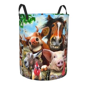 Farm Animals Printed Round Laundry Hamper,Collapsible Clothes Hamper Storage With Handle,Canvas Fabric Waterproof Storage Bin