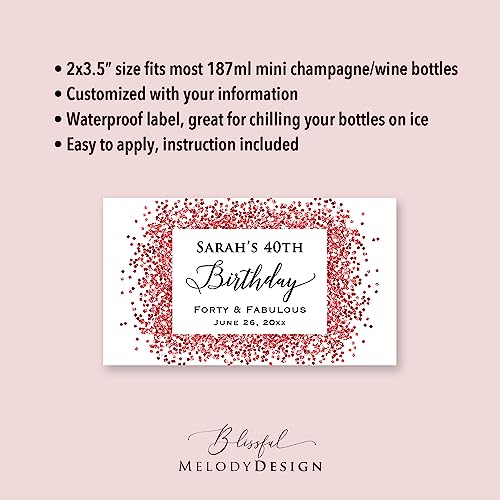 Birthday - Custom Pink Rose Gold Glitter (Not Real Foil) Mini Champagne Bottle Label, Personalized Waterproof Mini Wine Bottle Sticker for Birthday Celebration Party