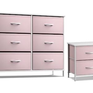 Sorbus Kids Dresser with 6 Drawers and 2 Drawer Nightstand Bundle - Matching Furniture Set - Storage Unit Organizer Chests for Clothing - Bedroom, Kids Rooms, Nursery, & Closet (Pink)