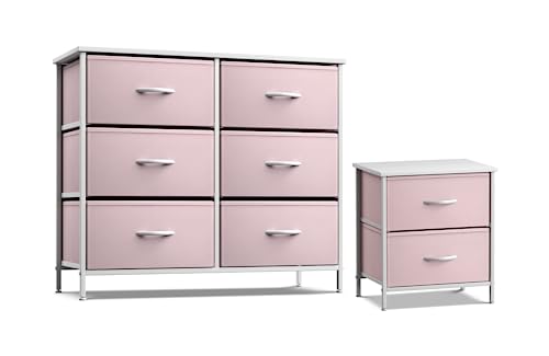 Sorbus Kids Dresser with 6 Drawers and 2 Drawer Nightstand Bundle - Matching Furniture Set - Storage Unit Organizer Chests for Clothing - Bedroom, Kids Rooms, Nursery, & Closet (Pink)