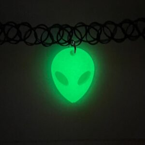 Glow In The Dark Alien Head Choker Necklace, 90s Black Stretch Choker, Womens Rave Festival Accessories, Fun Statement Jewelry, Gift For Her (Glitter)