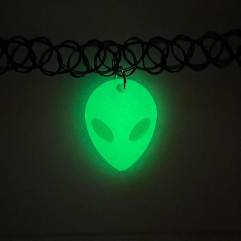 Glow In The Dark Alien Head Choker Necklace, 90s Black Stretch Choker, Womens Rave Festival Accessories, Fun Statement Jewelry, Gift For Her (Glitter)