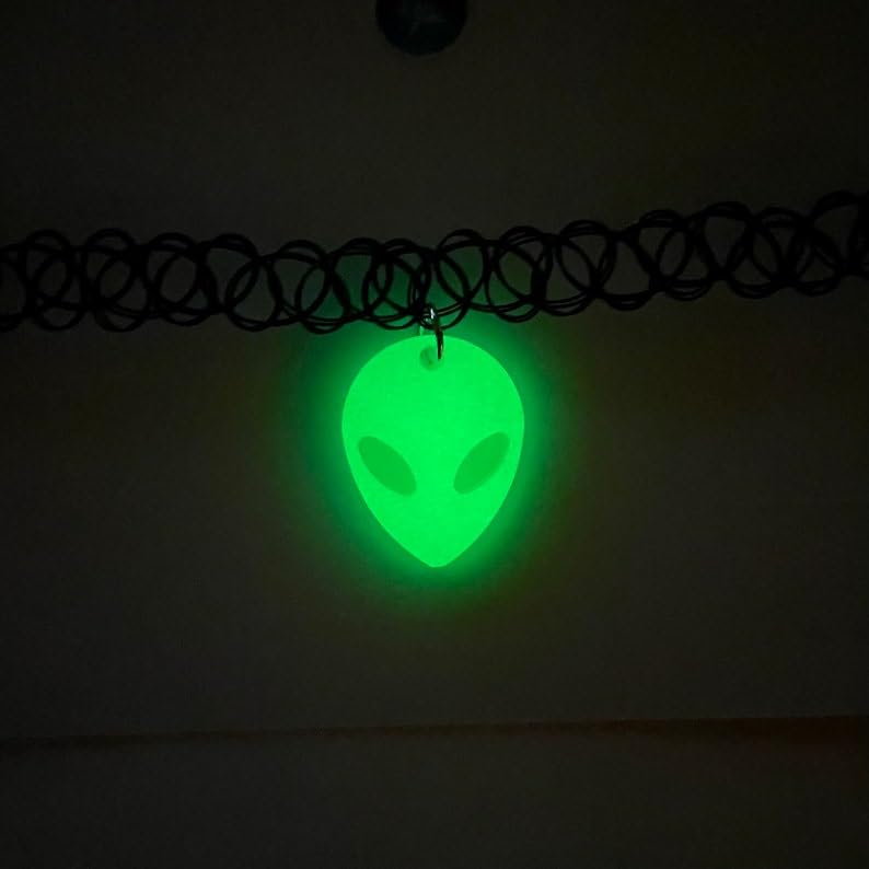 Glow In The Dark Alien Head Choker Necklace, 90s Black Stretch Choker, Womens Rave Festival Accessories, Fun Statement Jewelry, Gift For Her (Glitter)