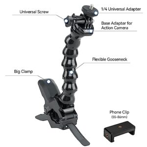 TELESIN Jaws Flex Super Clamp Mount, Gooseneck Desk Table Stroller Gym Video Light Extension Holder Attach for GoPro Max Mini Hero 11 10 9 8 7 6 5, Insta360 X2 X3 GO 2 GO3 DJI Action 3 4 Accessories