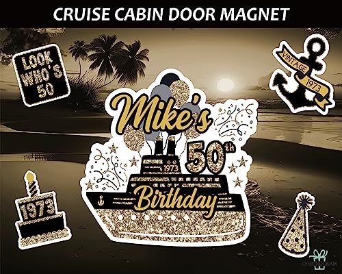 CFMONOGRAM Happy Birthday Cruise Door Decoration Magnetic - 50th Birthday Cruise Door Decorations Magnetic, Decorative Themed Stateroom signs, Fun Happy Birthday Ship Cabin sign (Gold Glitter)