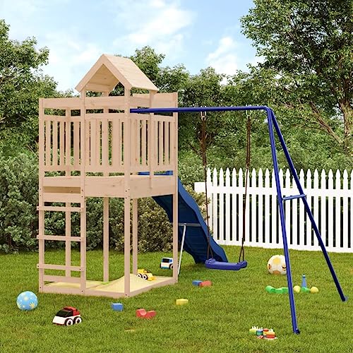 GOLINPEILO Outdoor Playset Solid Wood Pine, Garden Play Set with 1 Play Tower, 1 Wave Slide, 1 Single Swing Set, Modern Outdoor Backyard Children's Climbing Wood Playground Playset,-4549