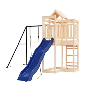 GOLINPEILO Outdoor Playset Solid Wood Pine, Garden Play Set with 1 Play Tower, 1 Wave Slide, 1 Single Swing Set, Modern Outdoor Backyard Children's Climbing Wood Playground Playset,-4549